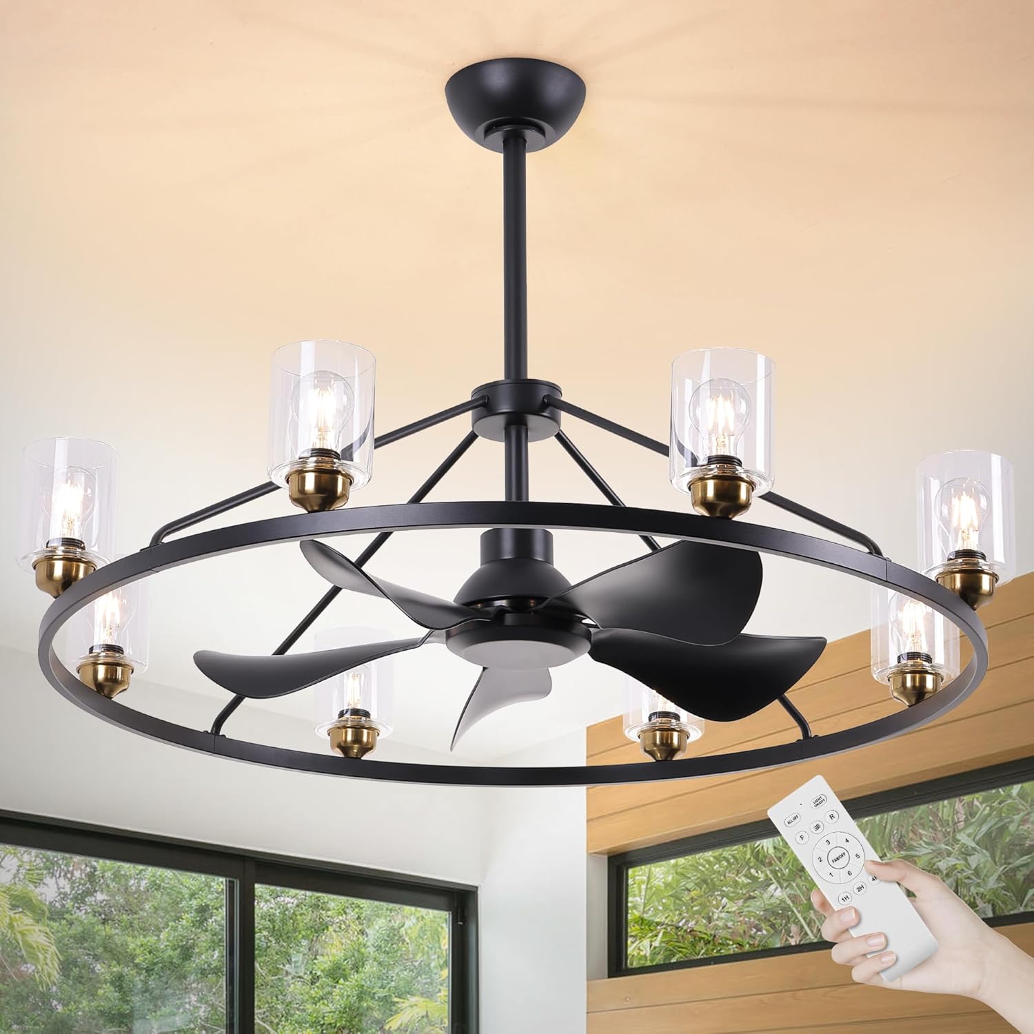 COCOSTAR 44 Inch Black Wagon Wheel Chandelier Fan with Glass Shade, 8 ...