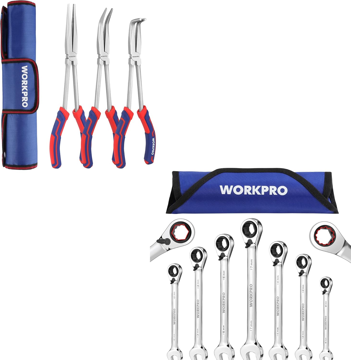 WORKPRO 7-Piece 3-in-1 Reversible Ratchet Wrench Set & WORKPRO 3PC Long Reach Pliers Set ...