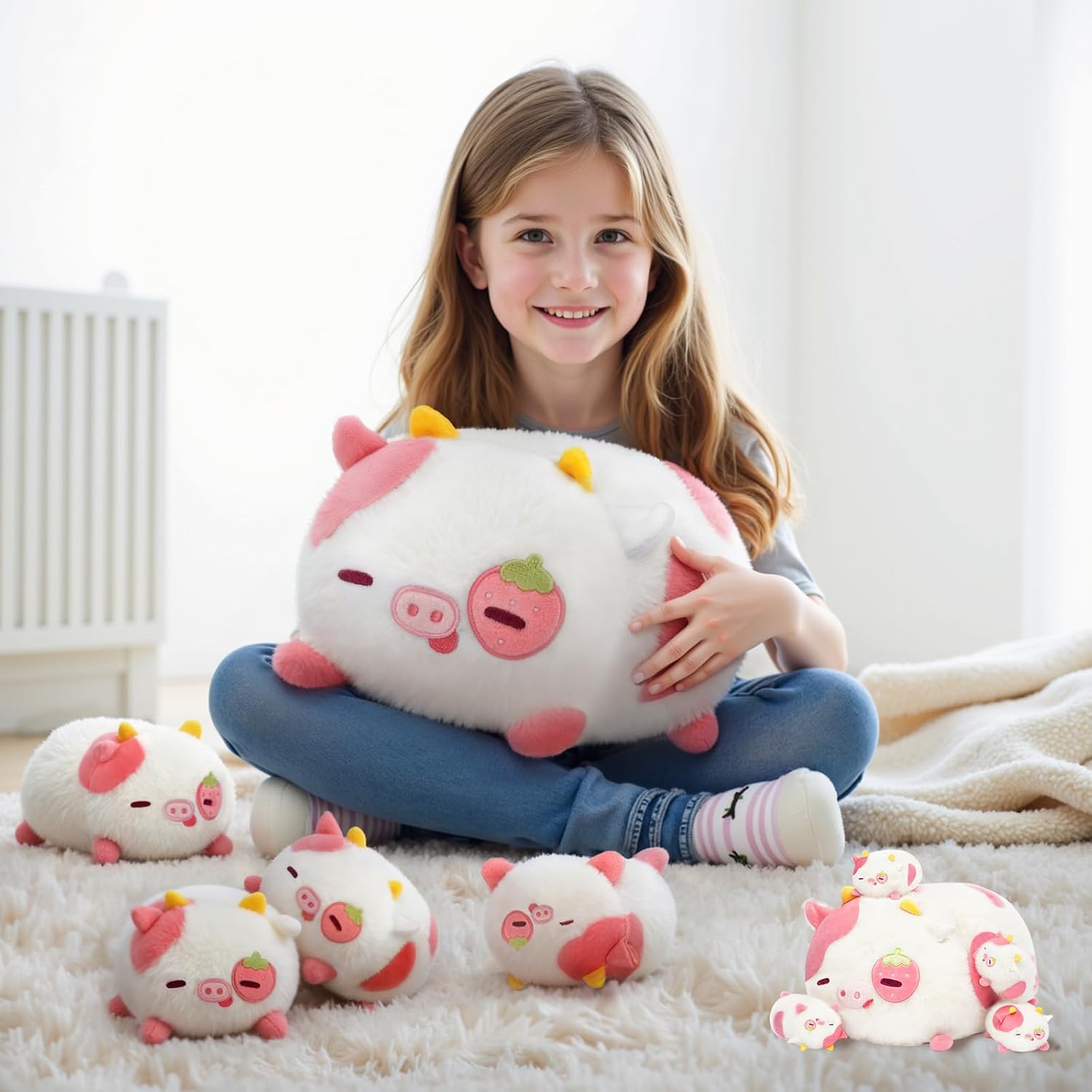 Amazon.com: Mewaii Strawberry Cow Plush Toy 5PCS, Soft & Fluffy Mommy ...