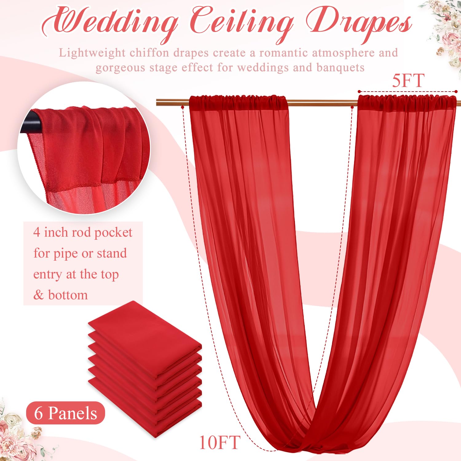 Snapklik.com : Red Chiffon Ceiling Drapes For Weddings 5x10FT 6 Panels ...