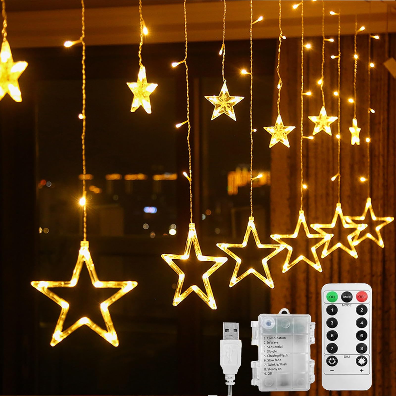 MEgegulo Christmas LED Stars Curtain Lights，3.5M Warm White Christmas ...