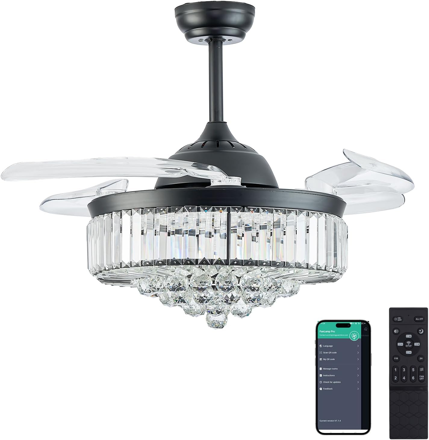 DuMaiWay Dimmable Fandelier Crystal Ceiling Fan with Light and Remote ...