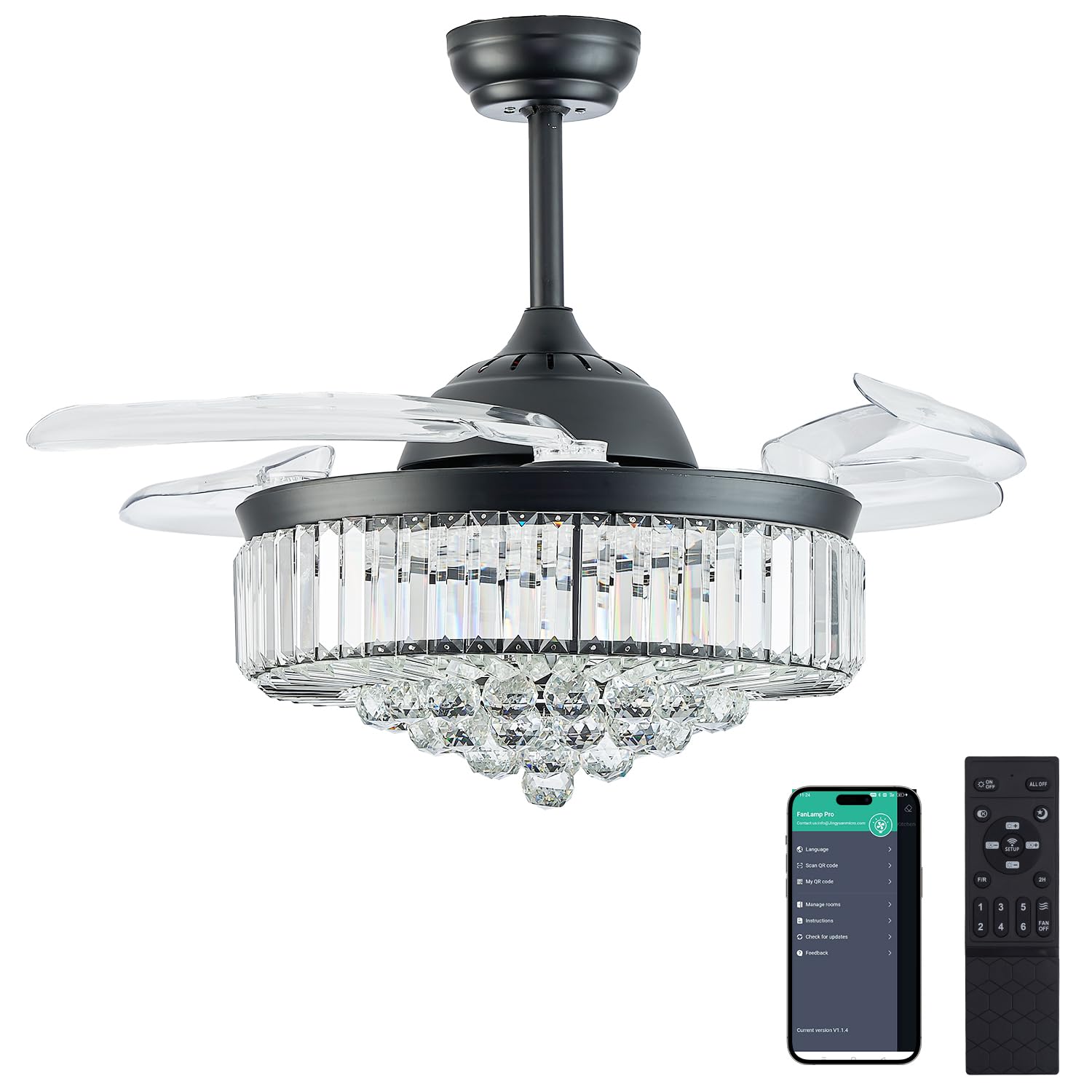 DuMaiWay Dimmable Fandelier Crystal Ceiling Fan with Light and Remote ...