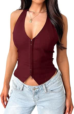 UNCOOYEE Women's Sexy Halter V Neck Tank Top Summer Sleeveless Trendy Vest Club Date Night Going ...