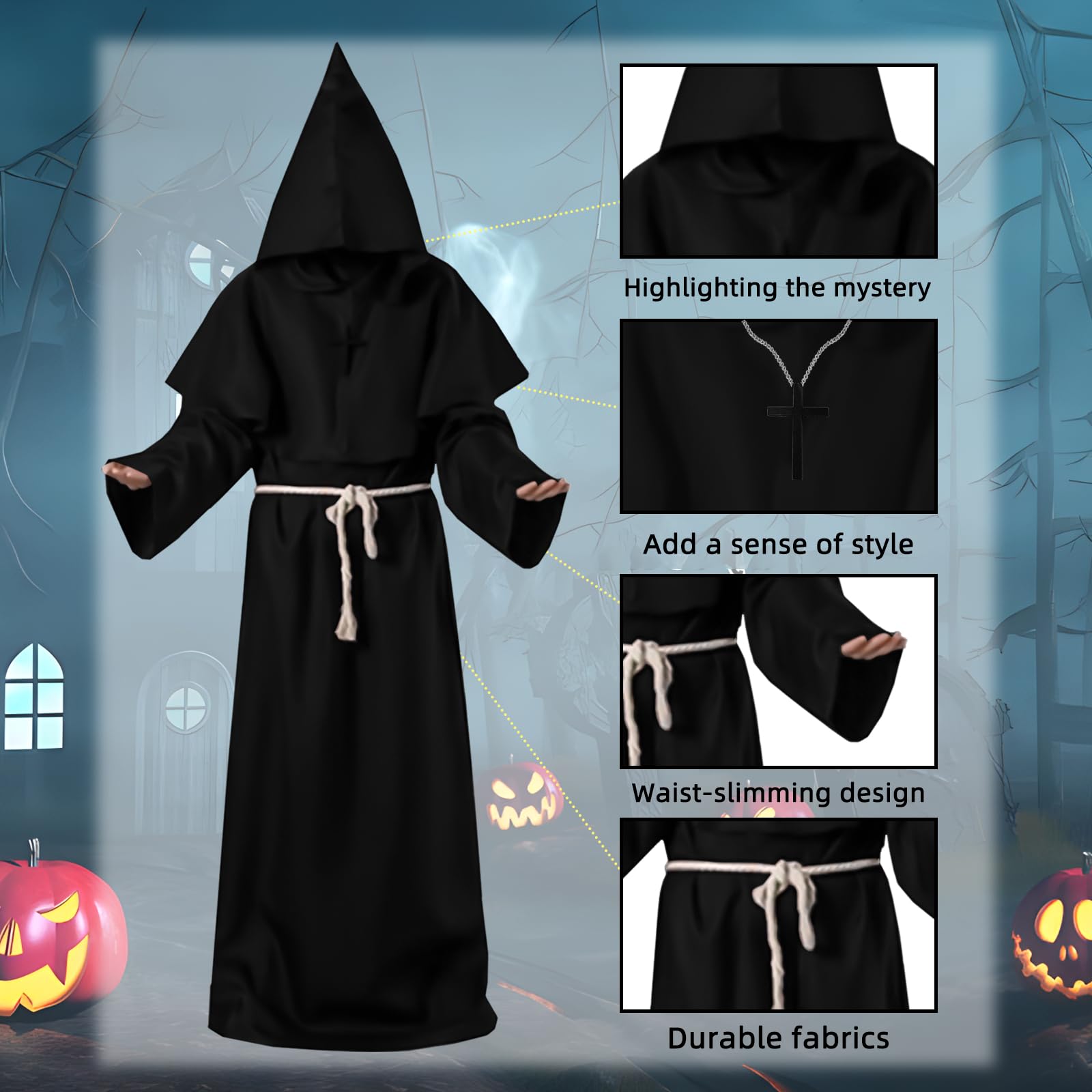 Kitimi Black Monk Costume Adult, Monk Robes, Monk Outfit Men, Medieval ...