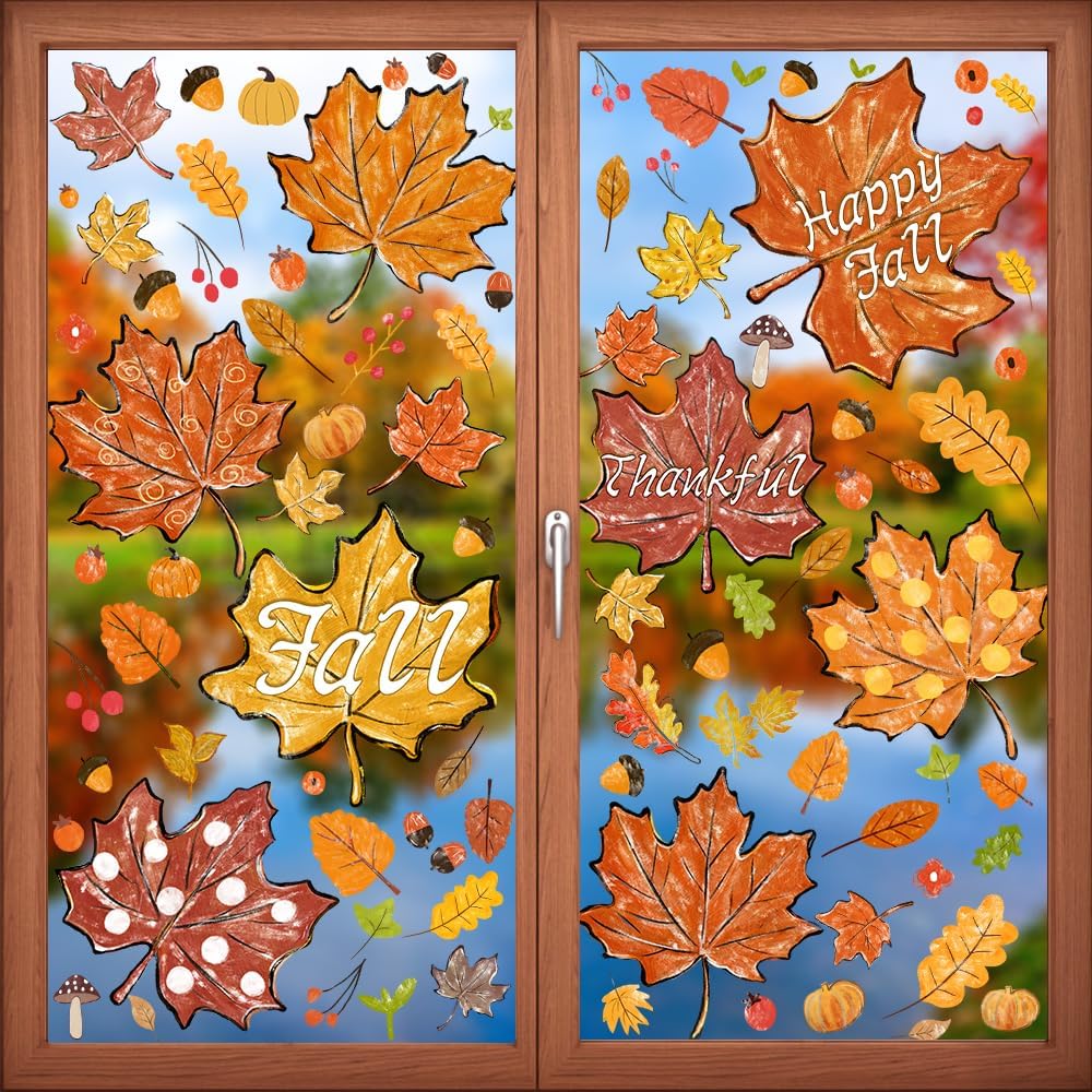 Amazon.com: YUJUN 8 Sheets Thanksgiving Fall Window Clings - Maple ...