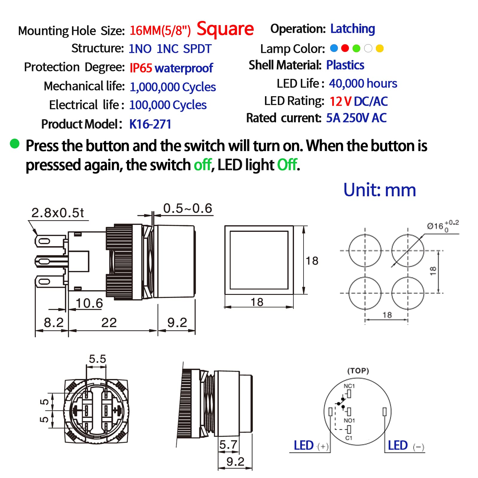 Snapklik.com : ZJWZJH (3 Pcs) 16mm 5/8inch Latching Push Button Switch Square Self-Locking On ...