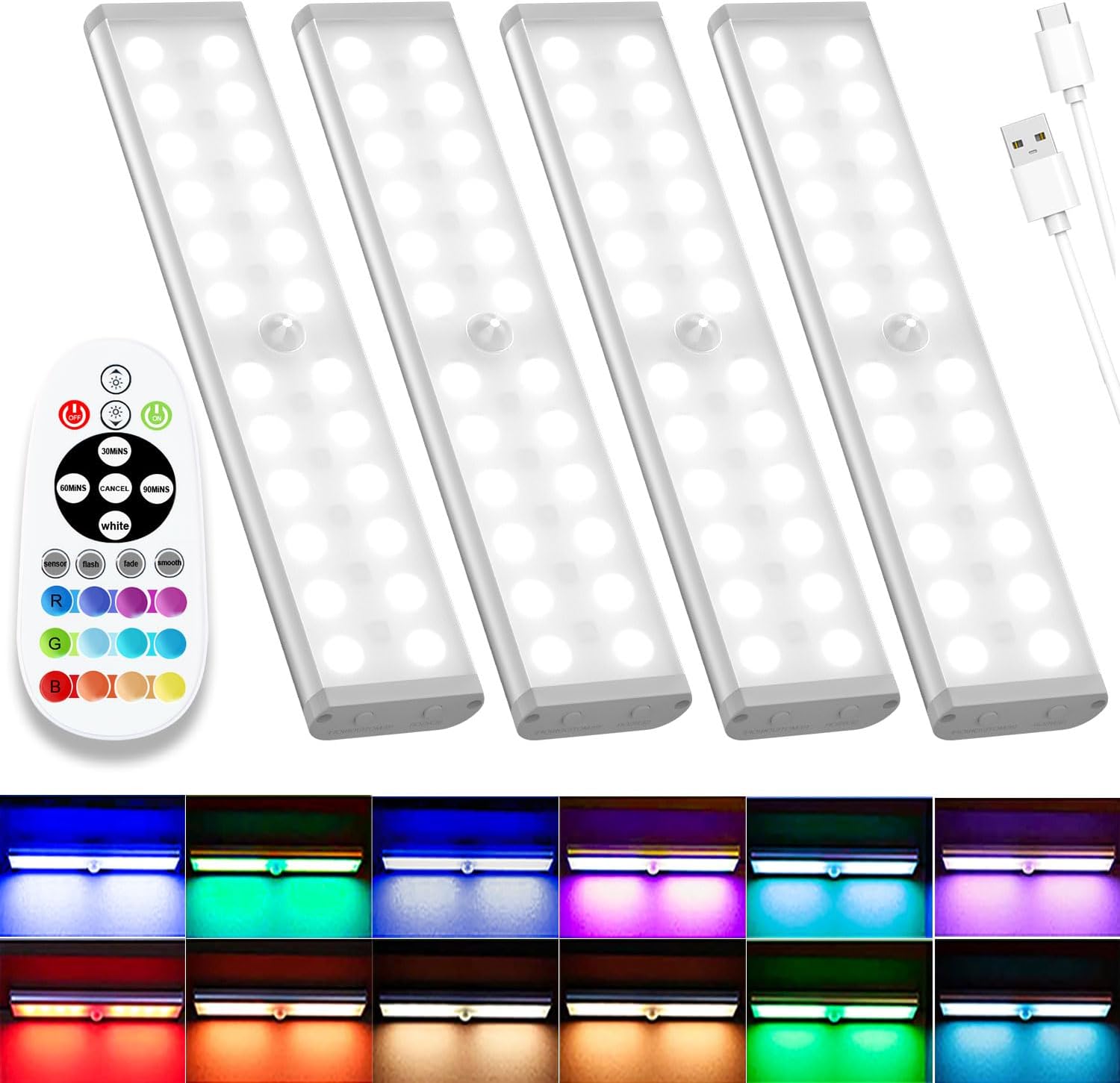 58-LED Under Cabinet Lighting Wireless, RGB Motion Sensor Night Lights ...