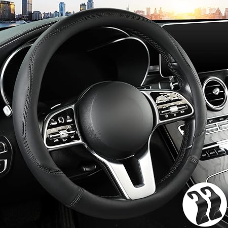 Amazon.com: Black Steering Wheel Cover Leather Car Steering Wheel ...