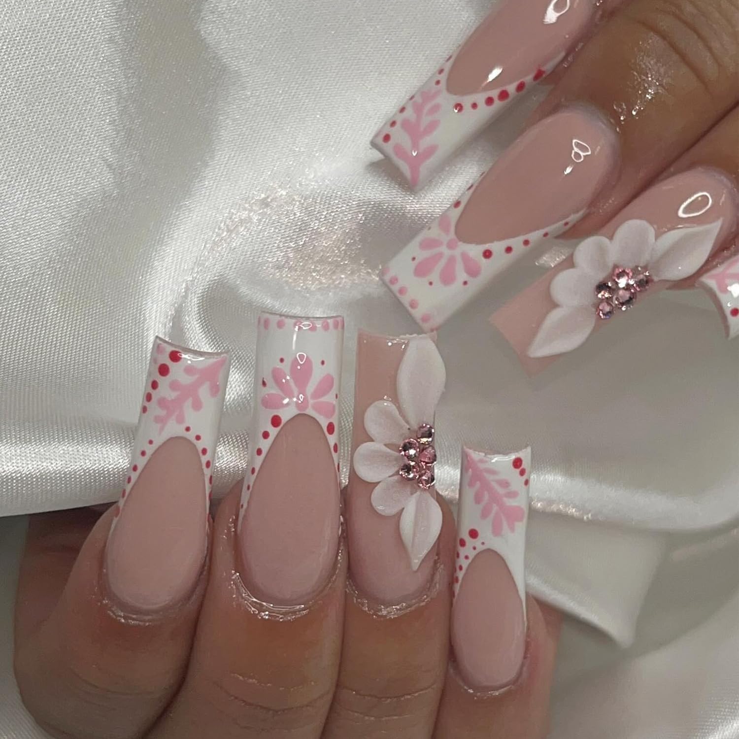 Amazon.com: Long Spring Press on Nails Square French Tip Acrylic Fake ...