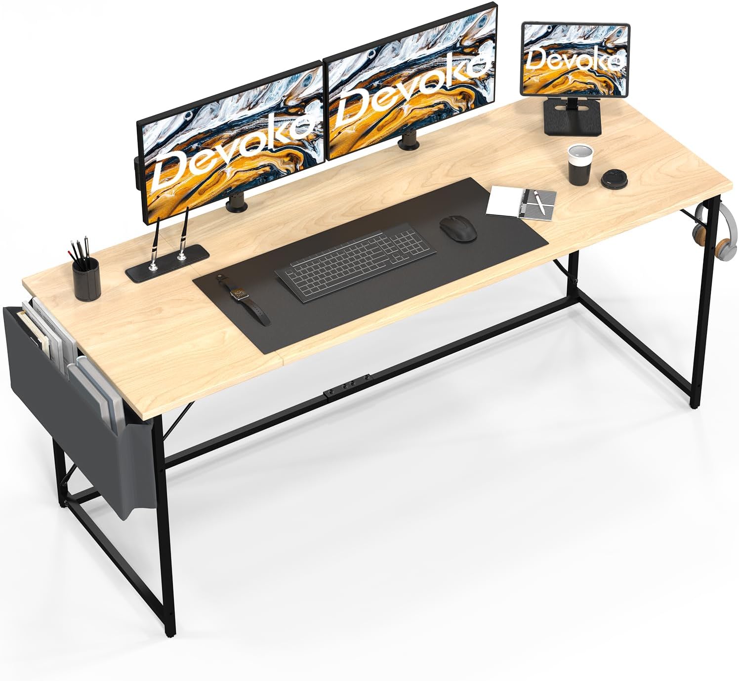 Devoko Computer Desk 140cm, Home Office desk with Storage Bag, Study ...