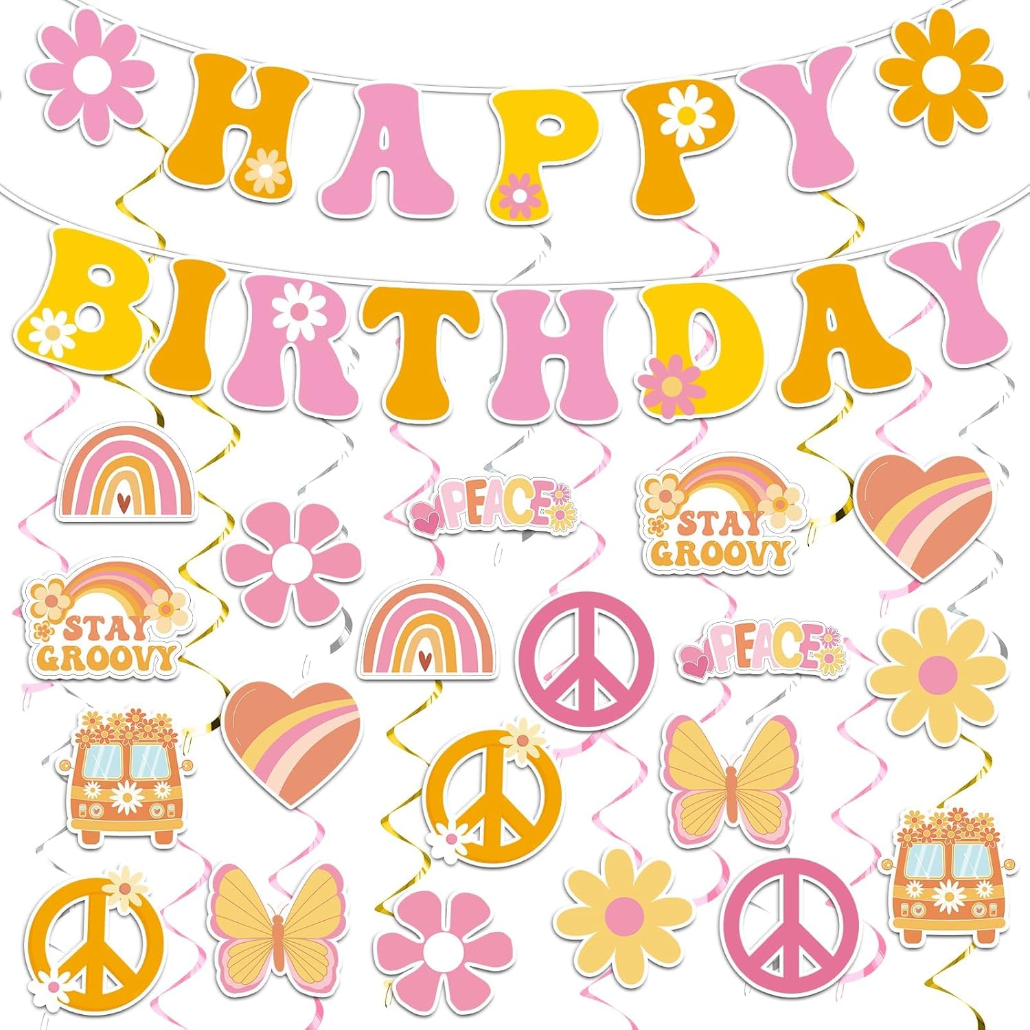 Amazon.com: Qyeahkj 42pcs Groovy Party Banners Decorations Boho Happy ...