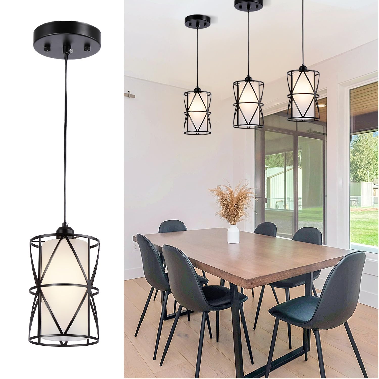 Pendant Lights Kitchen Island, Matte Black Pendant Lights with Frosted ...