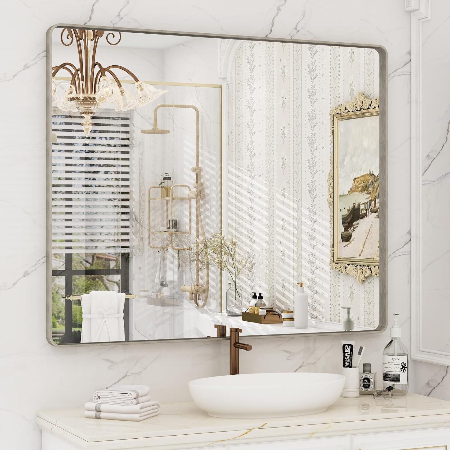 Amazon.com: CHARMOR 40x36 Inch Brushed Nickel Bathroom Mirror for Wall ...
