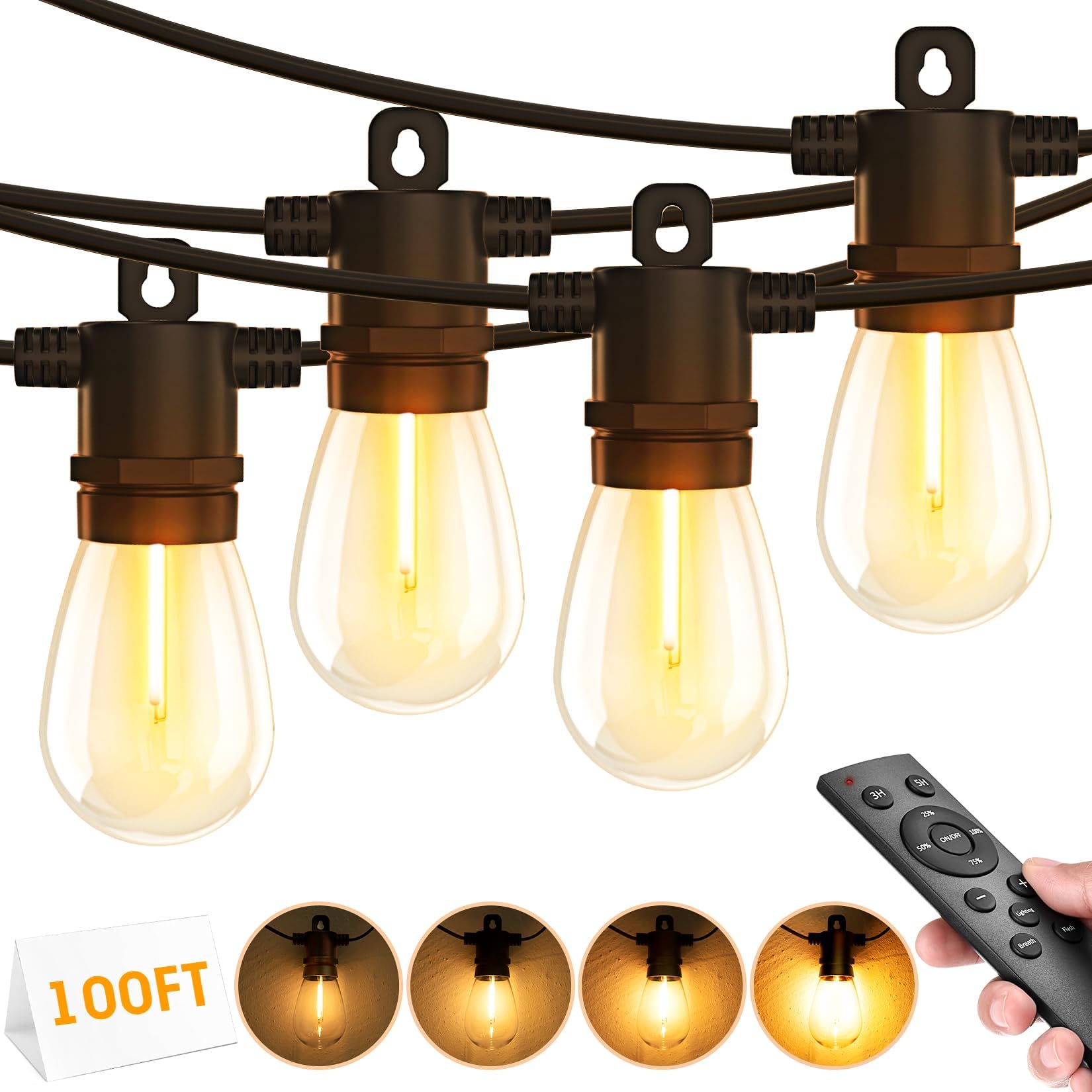 Outdoor String Lights with Remote - Dimmable 100FT IP65 Waterproof ...