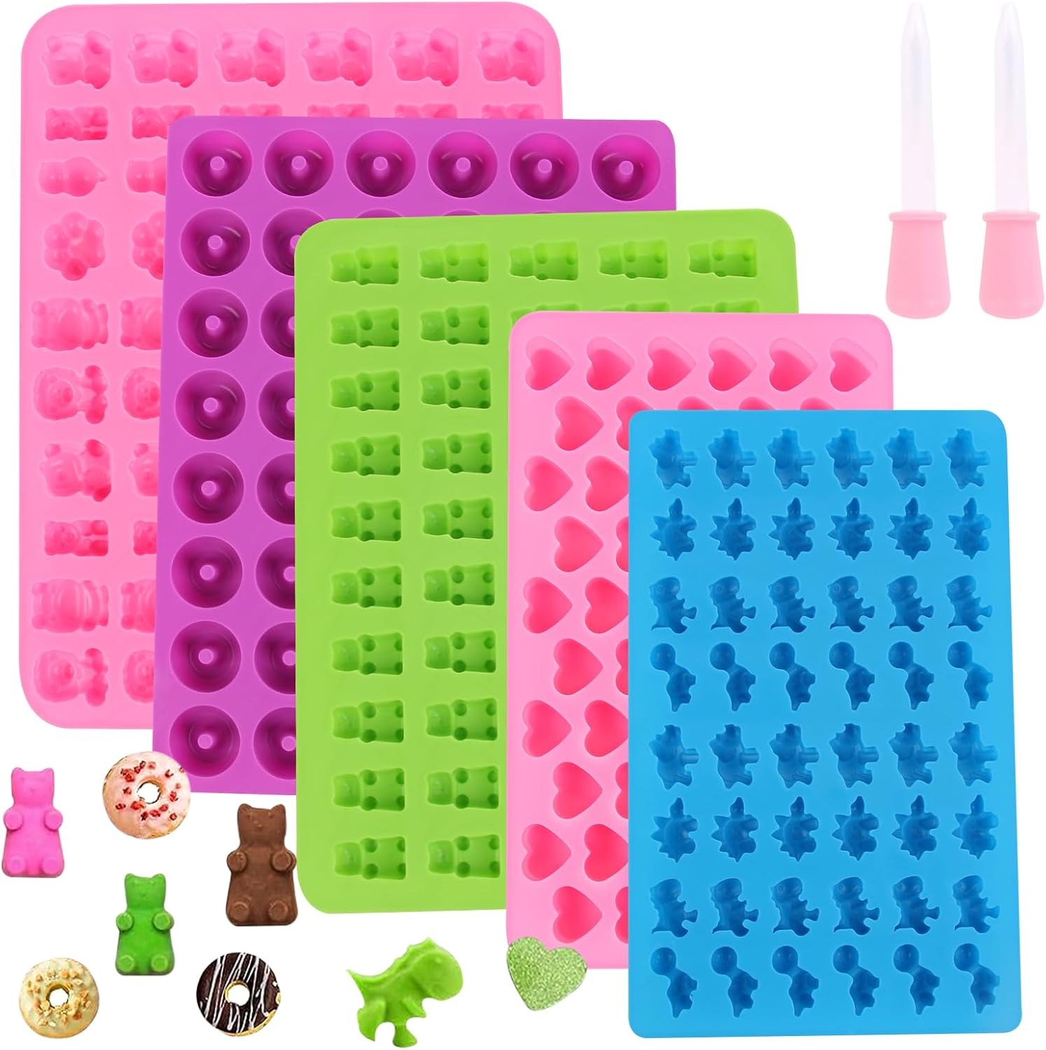 5PCS Candy Silicone Molds Gummy Bear Moulds with 2 Droppers Set Candy ...