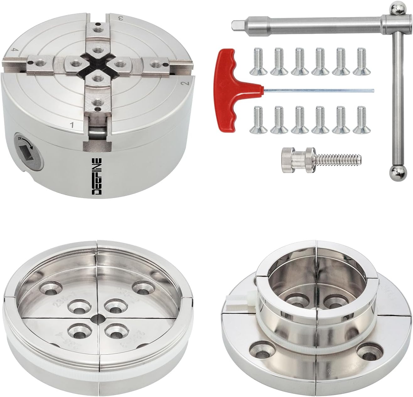 DEEFIINE 4 Inch Wood Lathe Chuck Set 1" x 8 tpi thread, Nickel Plated ...