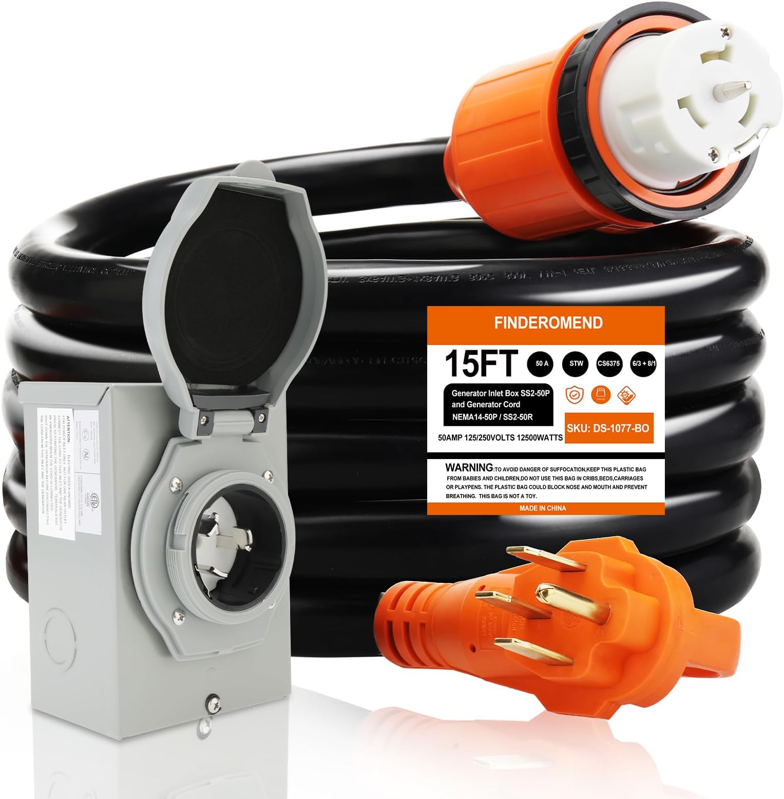 Finderomend 15 ft 50 Amp Generator Cord and Power Inlet Box Combo Kit ...