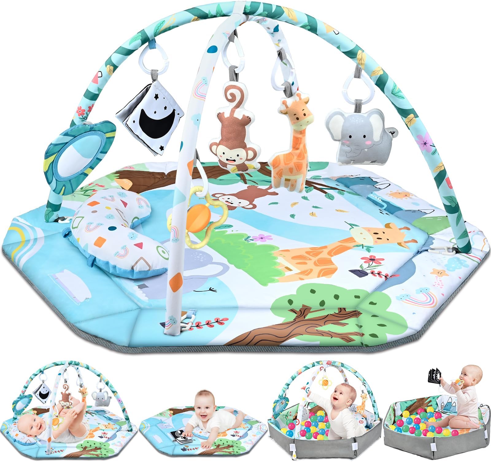 Baby Gym Play Mat, 8-in-1 Tummy Time Mat & Ball Pit with 6 Toys ...