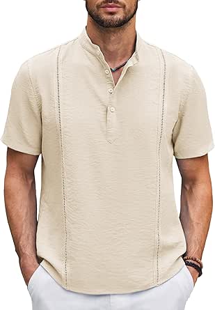 COOFANDY Men's Cotton Linen Henley Shirts Short Sleeve Cuban Guayabera Shirt Casual Summer Beach ...
