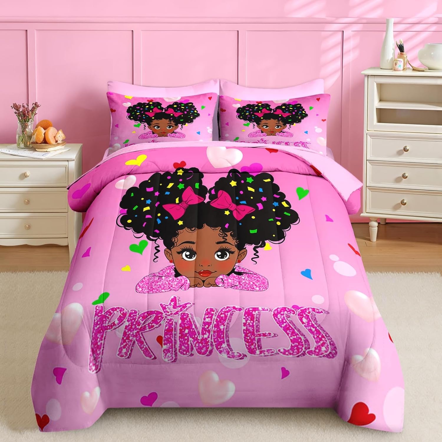 Amazon.com: Nesker 7 Pcs Comforter Set Queen Size, Pink Princess ...