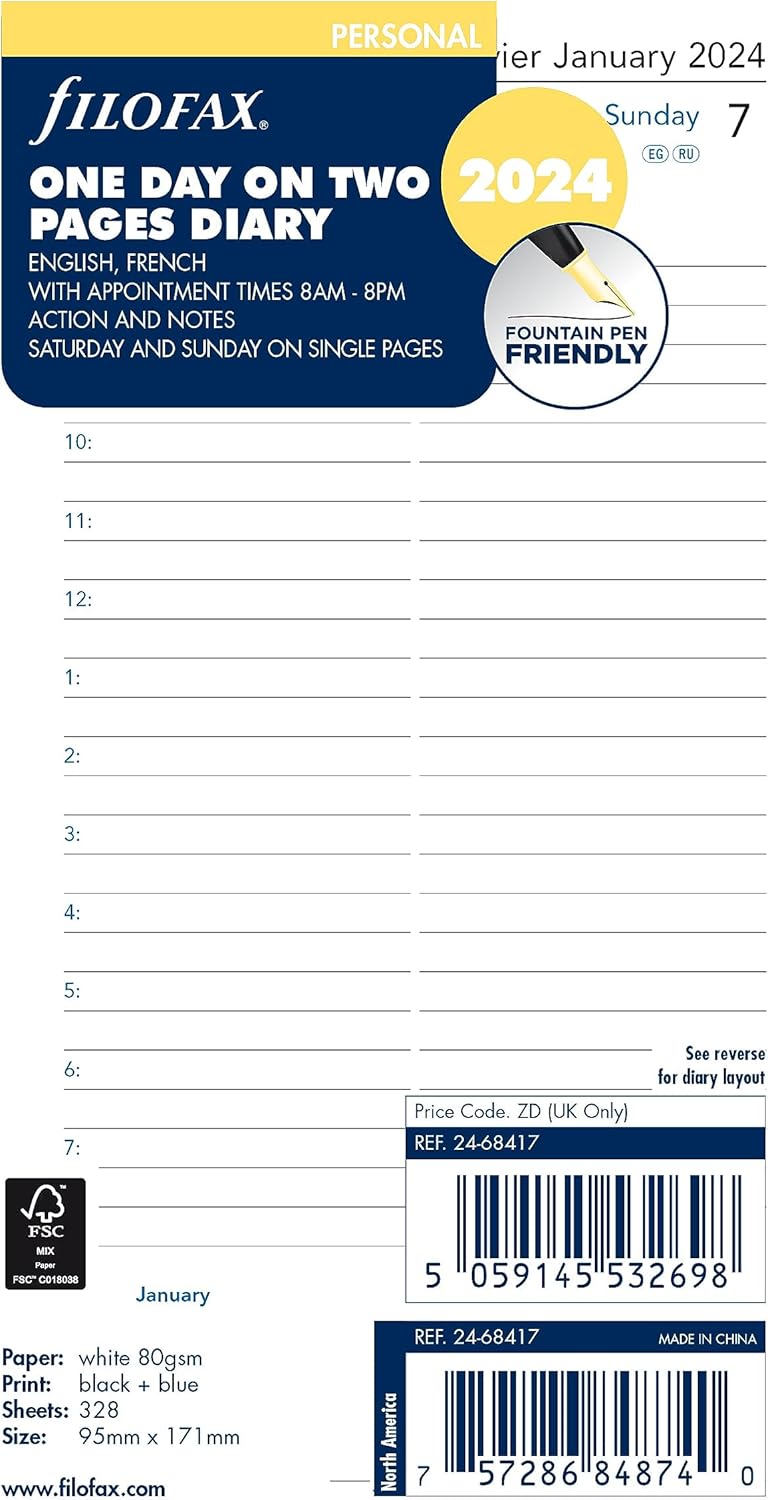 Filofax Calendar Diary Refill, Personal/Compact Size, Day on Two Pages ...