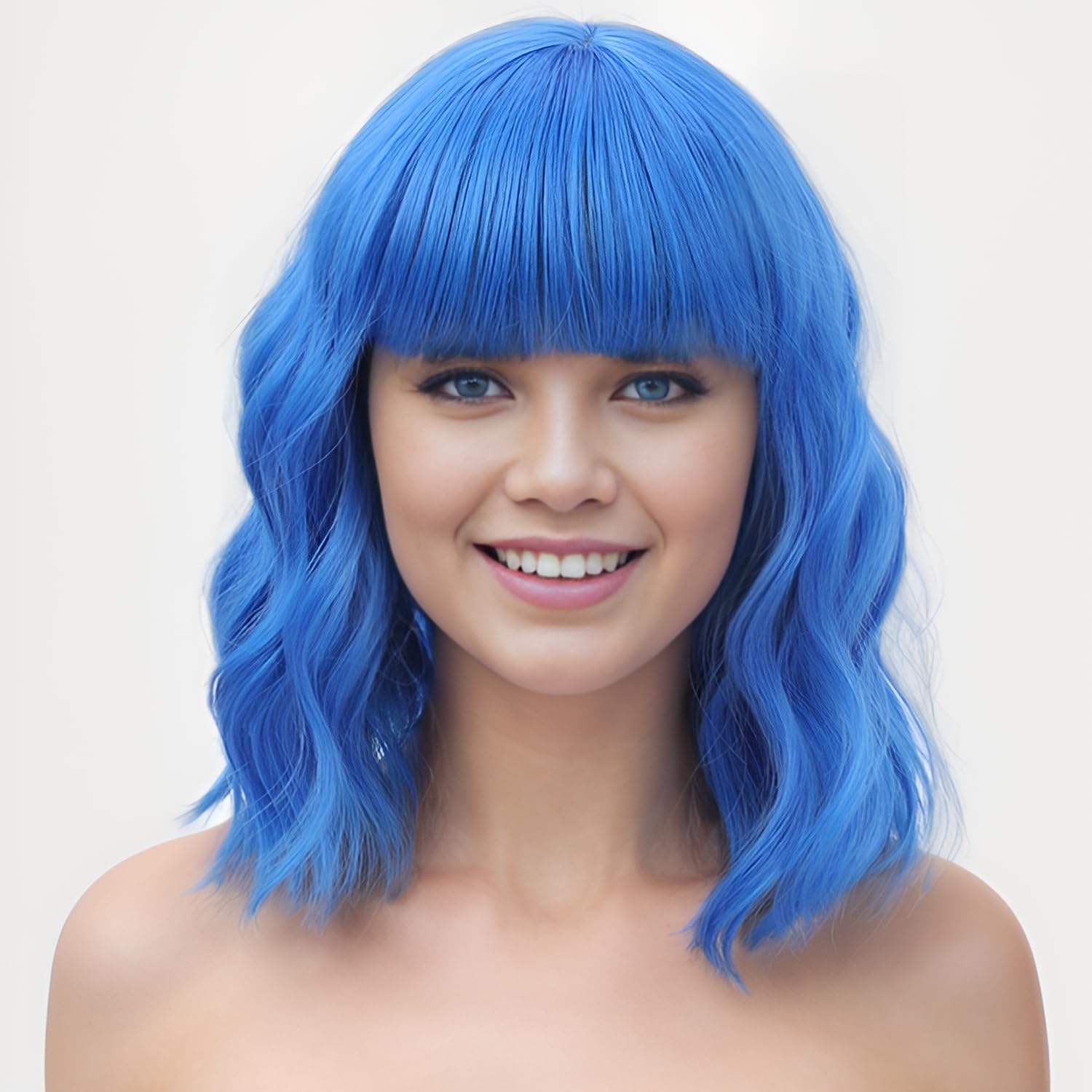 Amazon.com : ATAYEA Blue Wig with Bangs Short Wavy Wigs for Women Blue ...