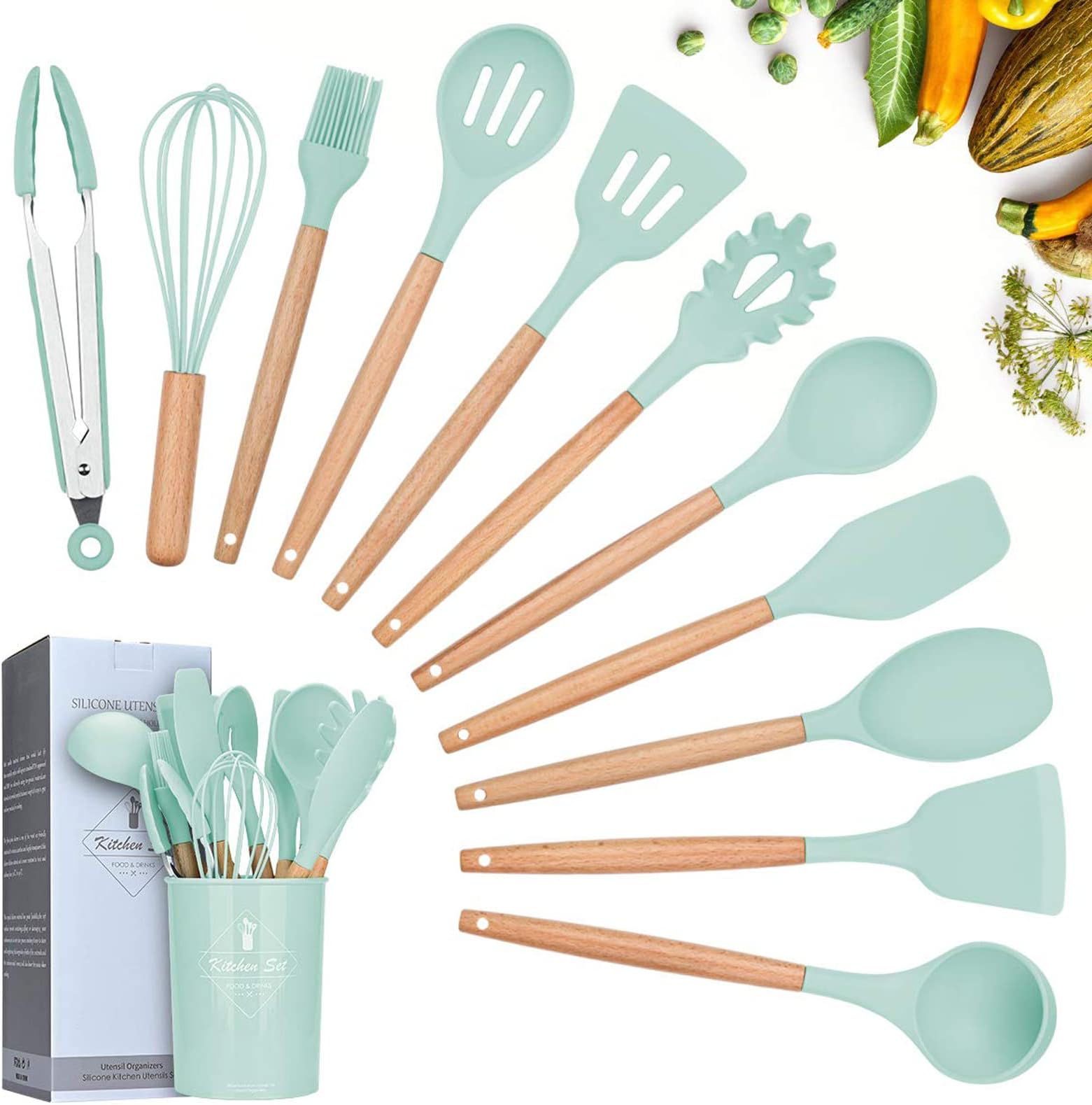 Silicone Cooking Utensils Kitchen Utensil Set - 9 Pieces Natural Wooden ...