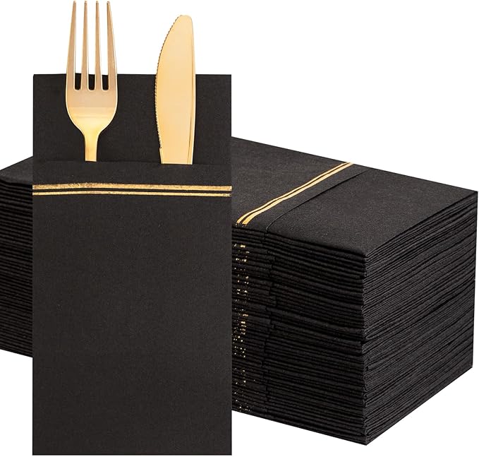 Amazon.com: Nervure 100PCS Black Paper Napkins with Built-in Flatware ...