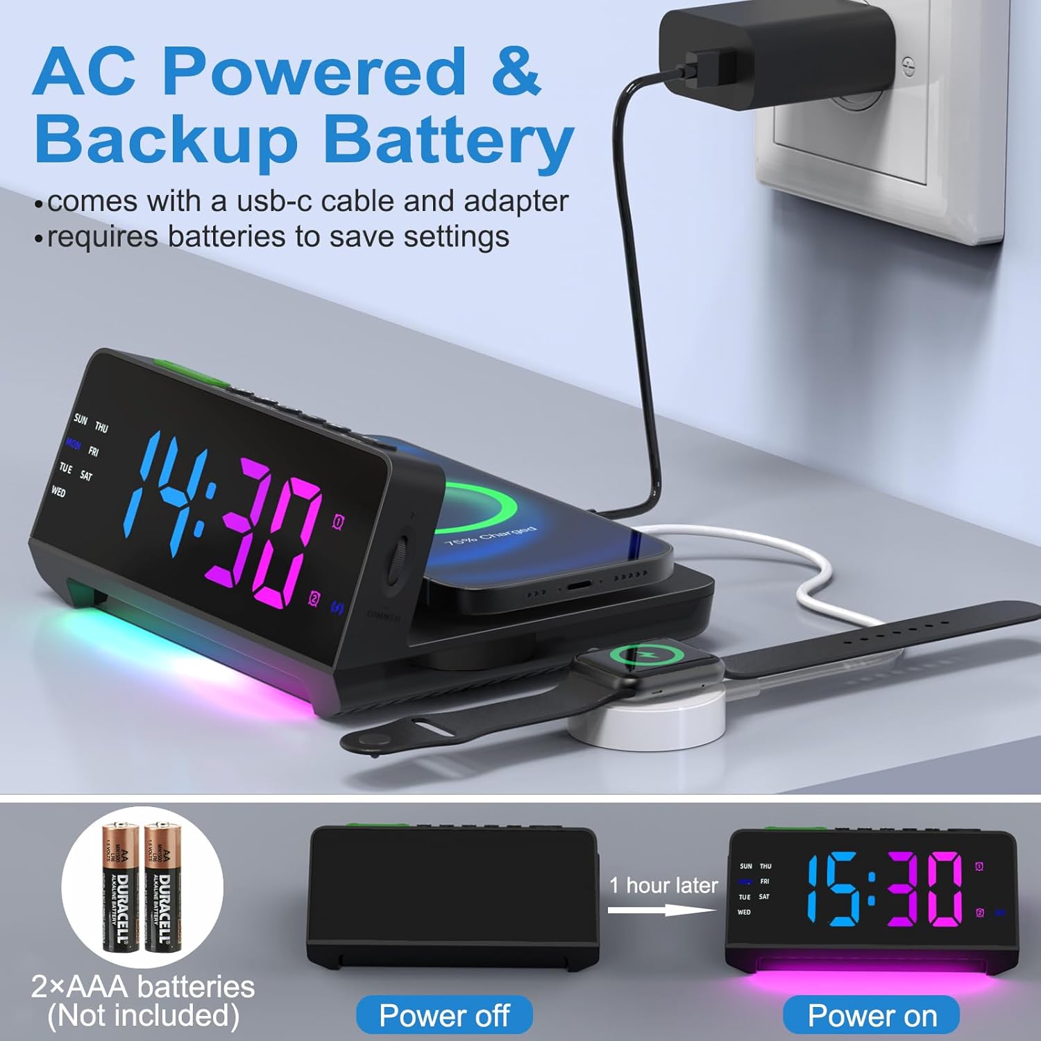 Estación de carga de reloj despertador, puertos USB-C duales, alarma ...