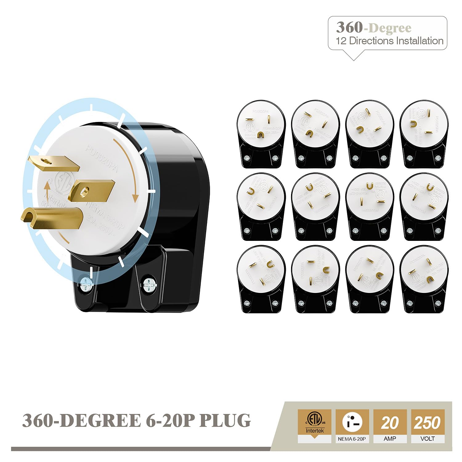 Snapklik.com : USA 3-Prong Male AC Plug, Right Angle ETL Nema 6-20P 3 ...