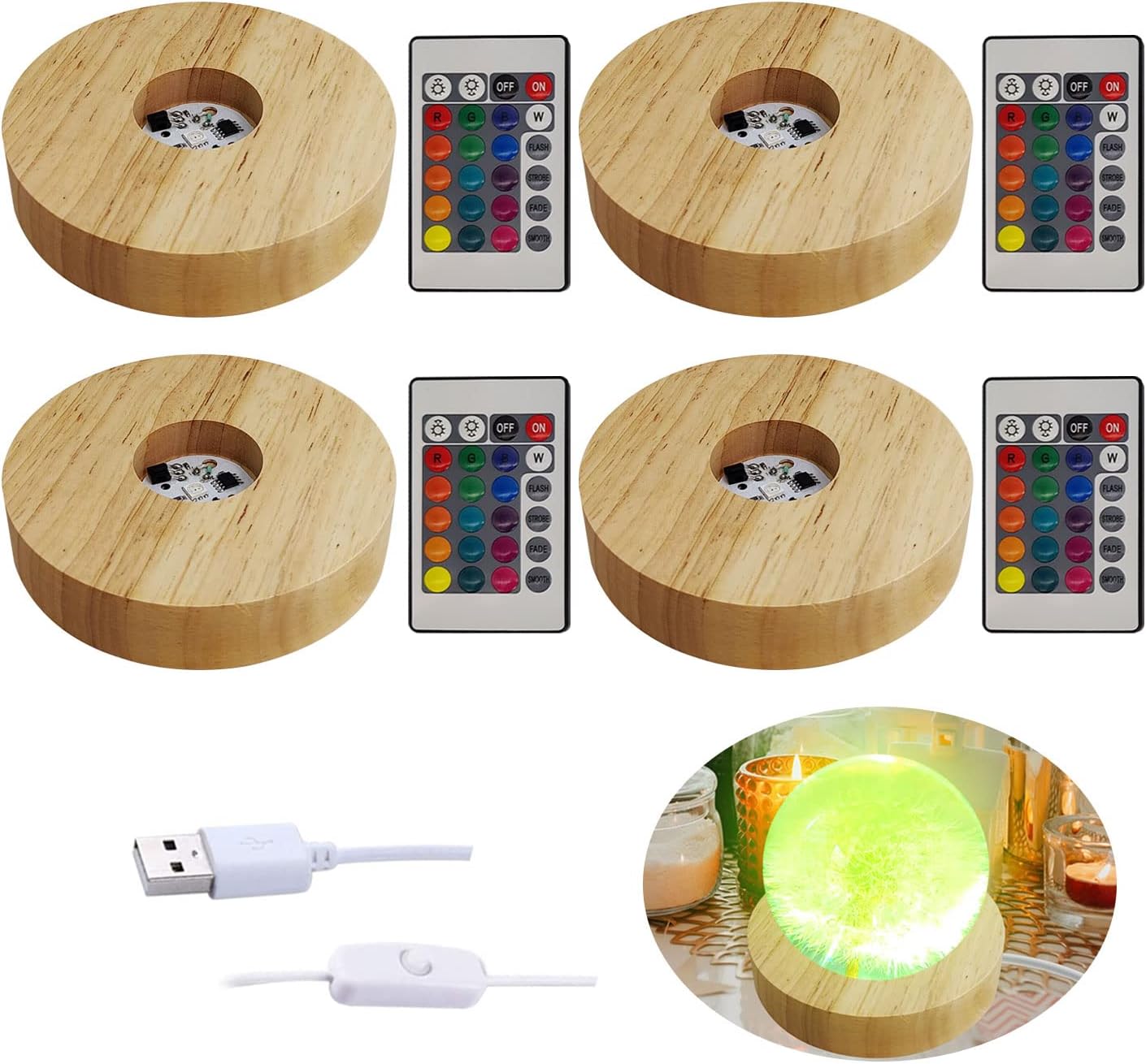 4Pcs 4" LED Wood Display Base, Colorful Light Crystal Display Base ...