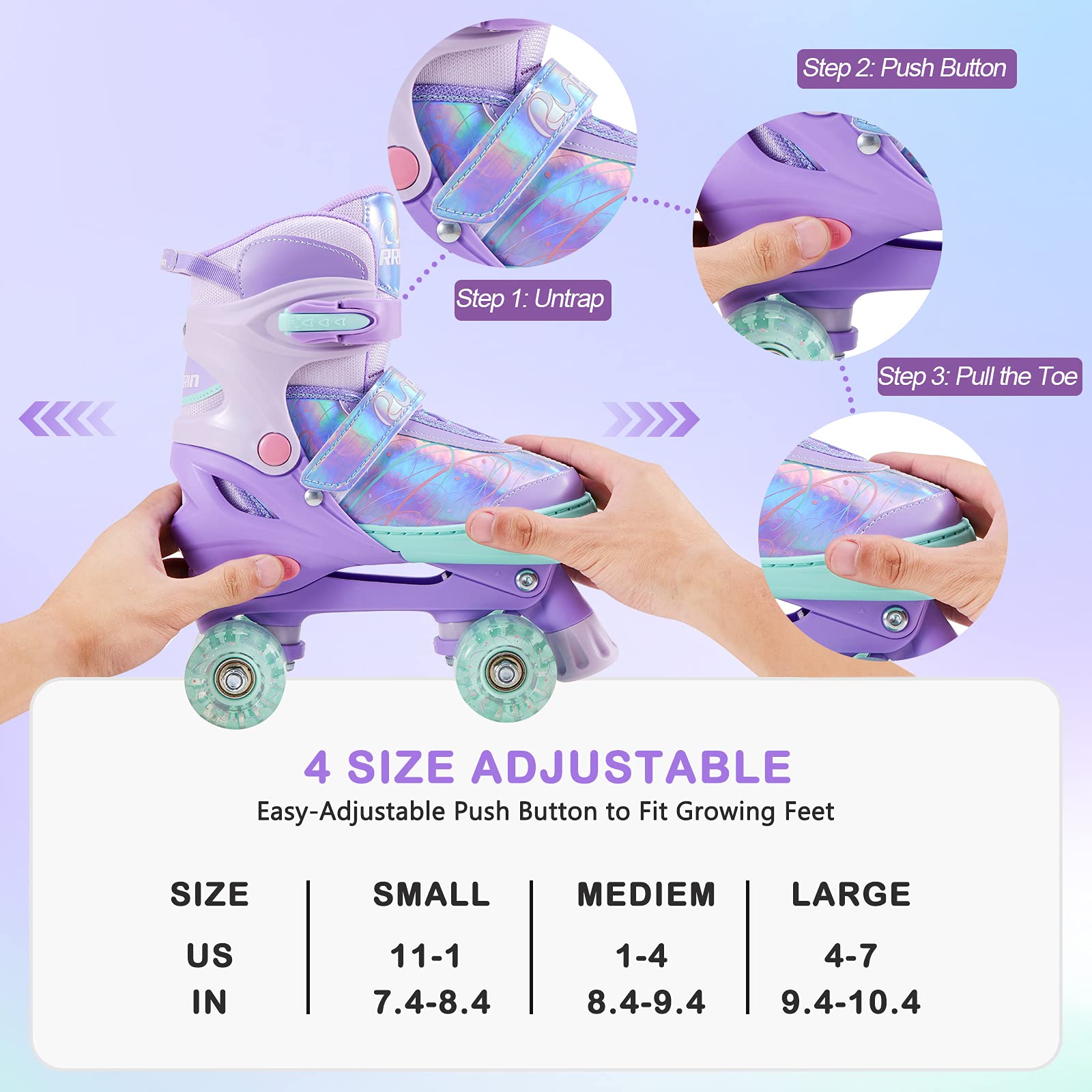 RunRRIn Kids Roller Skates for Girls 4 Size Adjustable Purple Quad ...