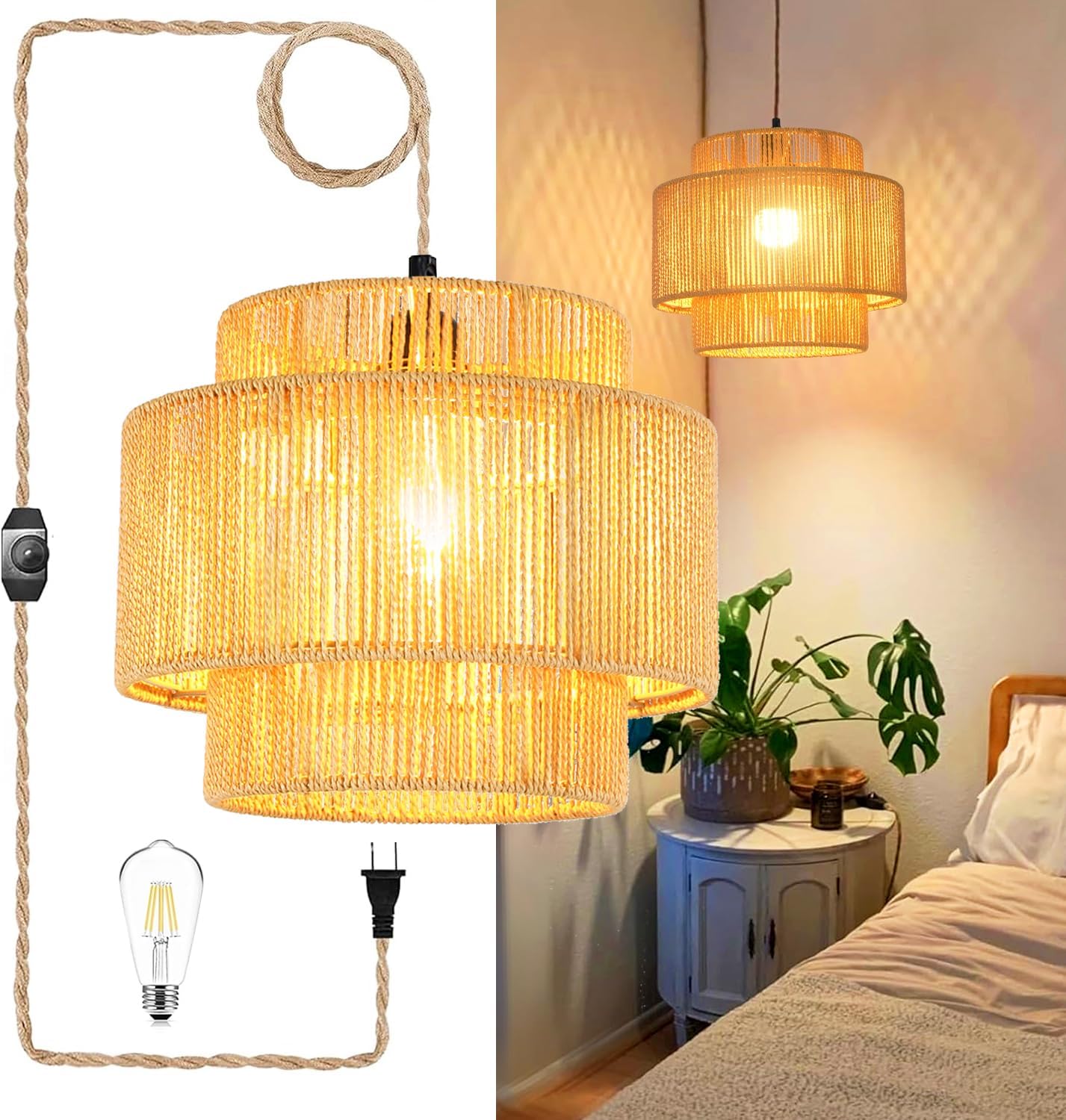 XININSUN 3-Tier Drum Linen Plug in Pendant Light with15ft Hemp Rope ...