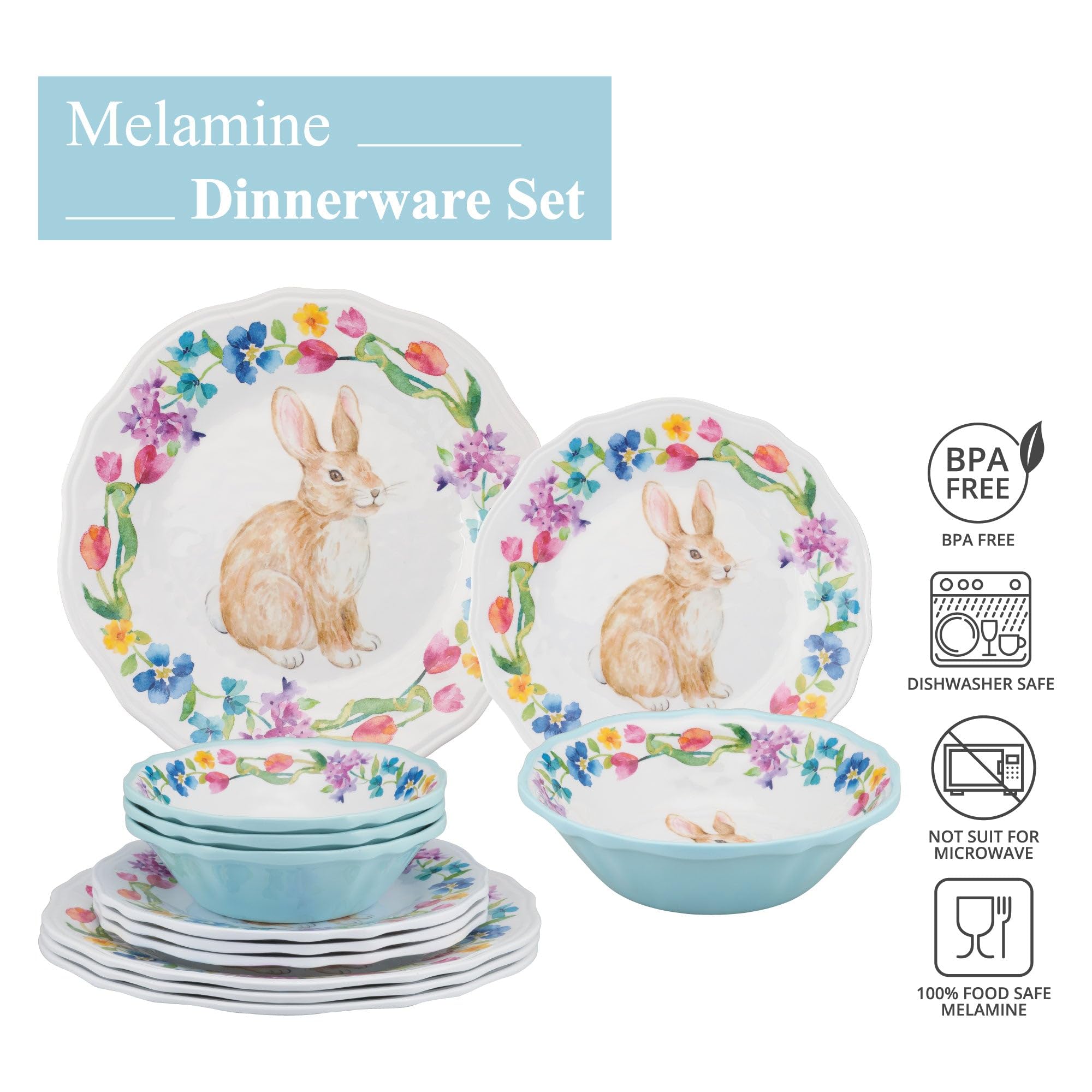 Snapklik.com : UPware 12 Piece Floral Bunny Melamine Dinnerware Sets