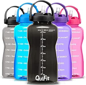 QuiFit Half Gallon Water Bottle - with Straw & Time Marker BPA Free 64 oz Large Motivational ...