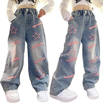 Amazon.com: Nivne Tco Tween Girls Elastic Waistband Jeans, Letter ...