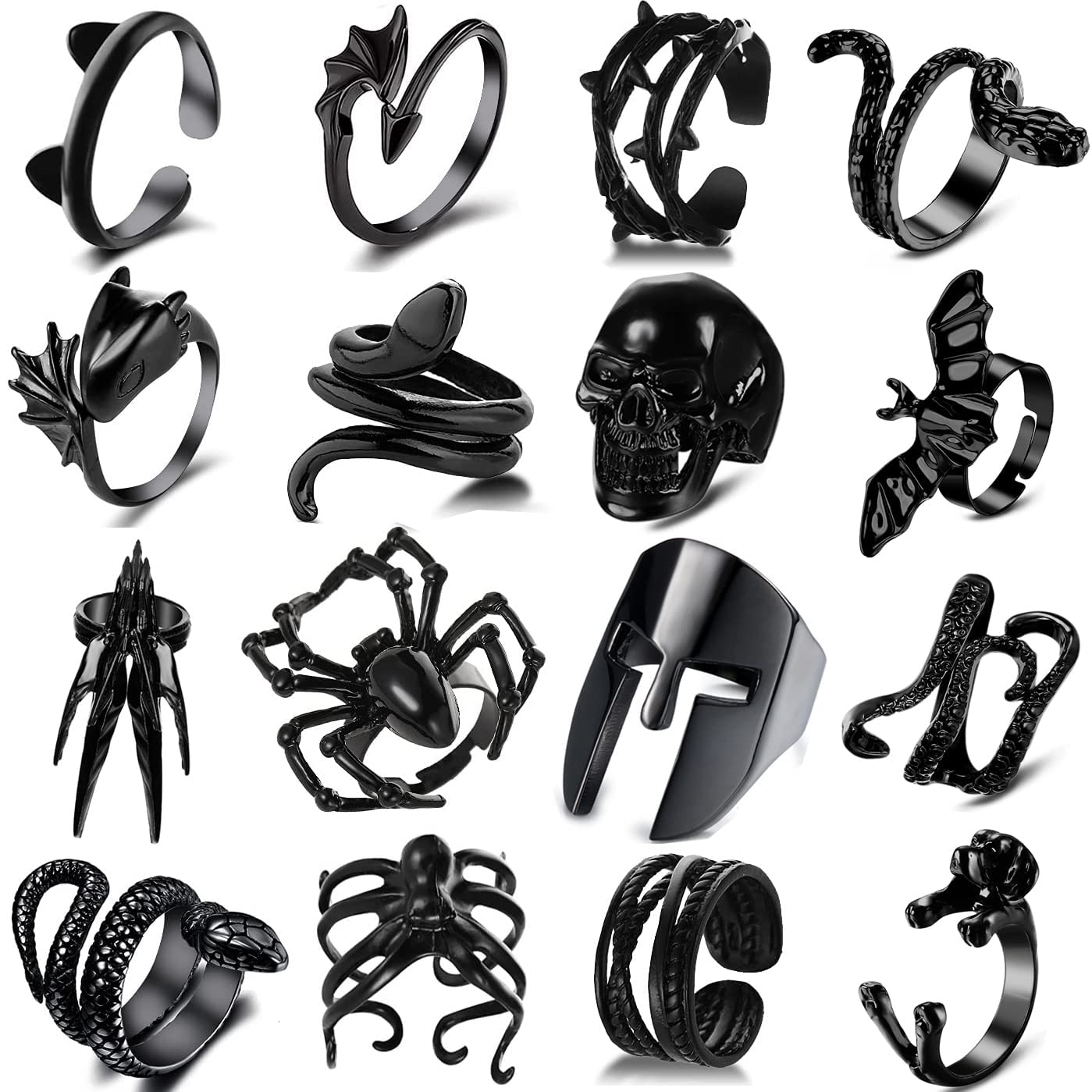 Buy 16Pcs Y2K Black Vintage Punk Rings for Mens Women Cat Snake Bat ...