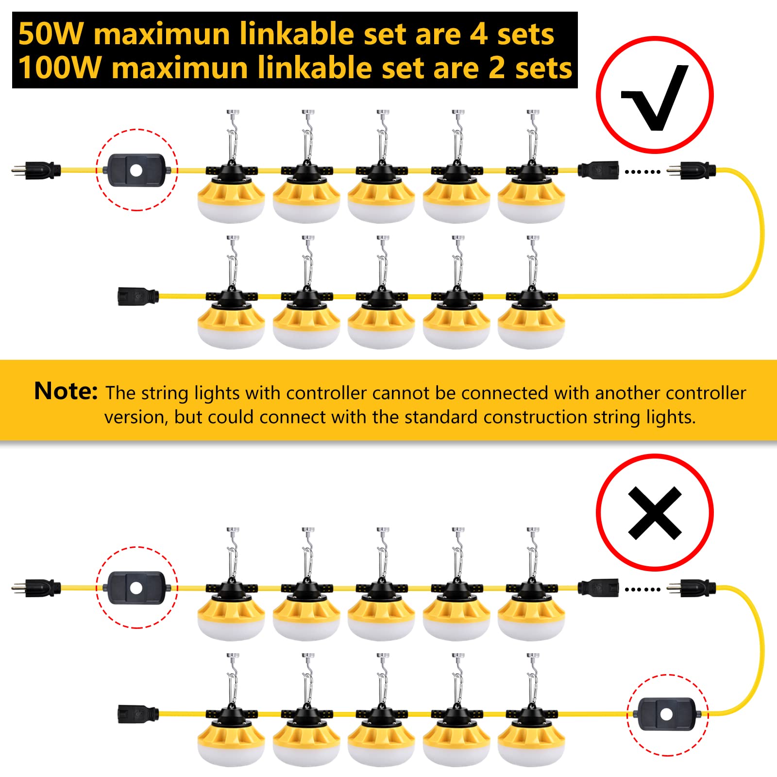 SUMMSTAR 100ft LED Construction String Lights, 100W 14000lm String Work ...