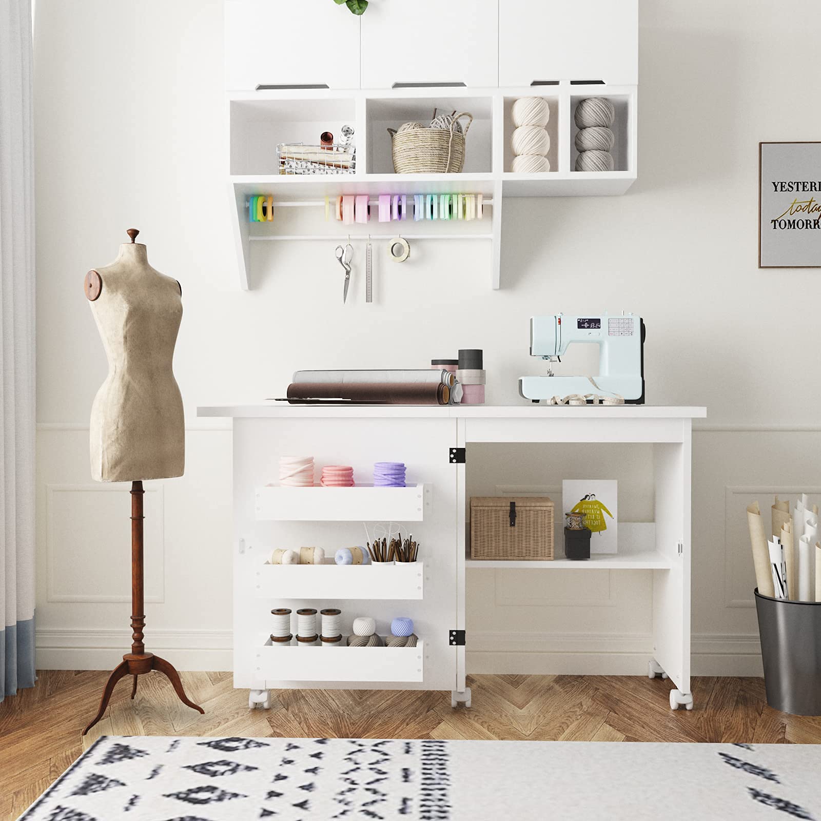 Sewing Machine Table, Folding Sewing Craft Table with Storage Shelves ...