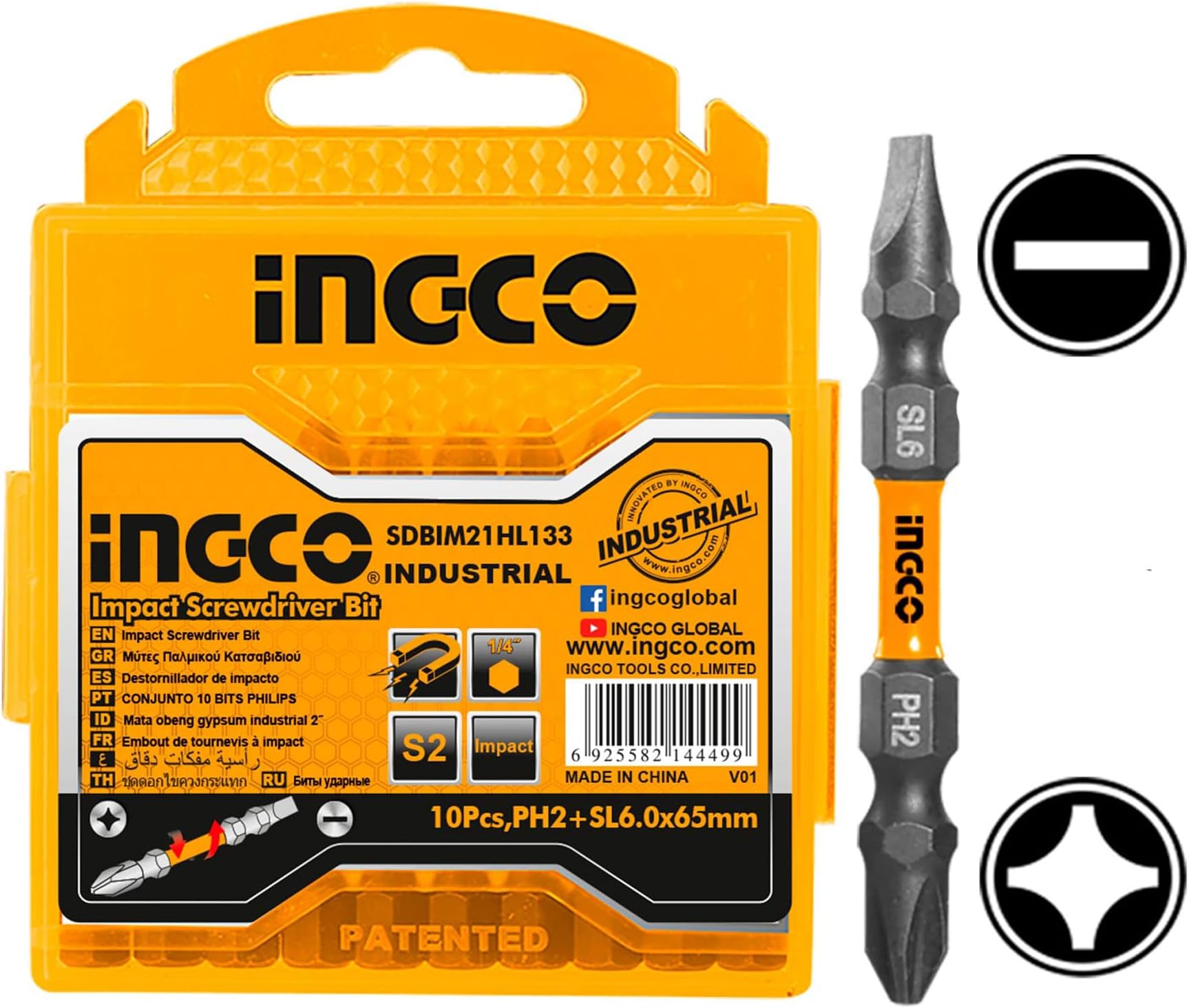 INGCO Impact Screwdriver Bit, PH2+SL 6.0 * 1.0 65mm, 10 PCS PACK, S2 ...