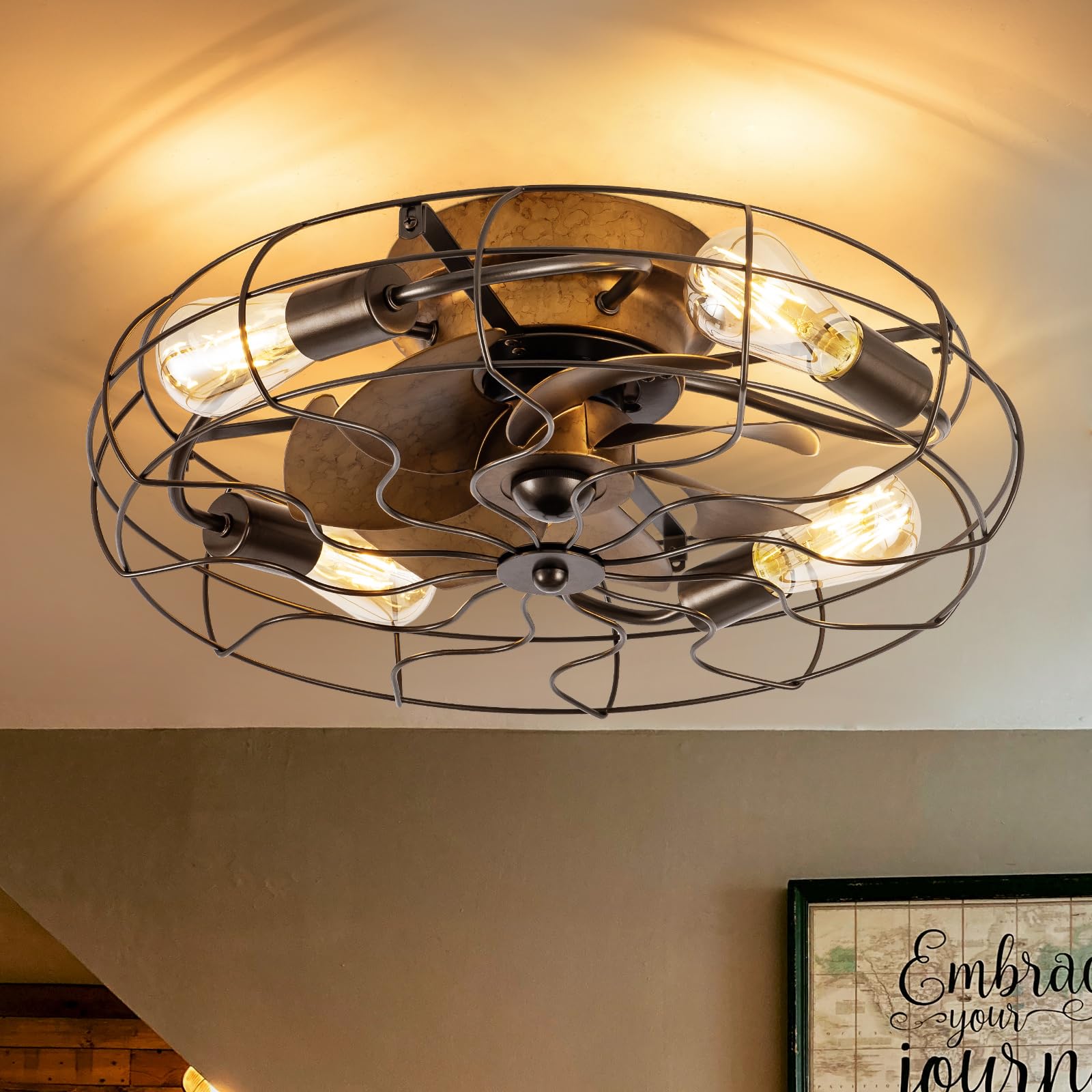 CLOUDIARY 21" Low Profile Caged Ceiling Fan with Lights Remote Control ...