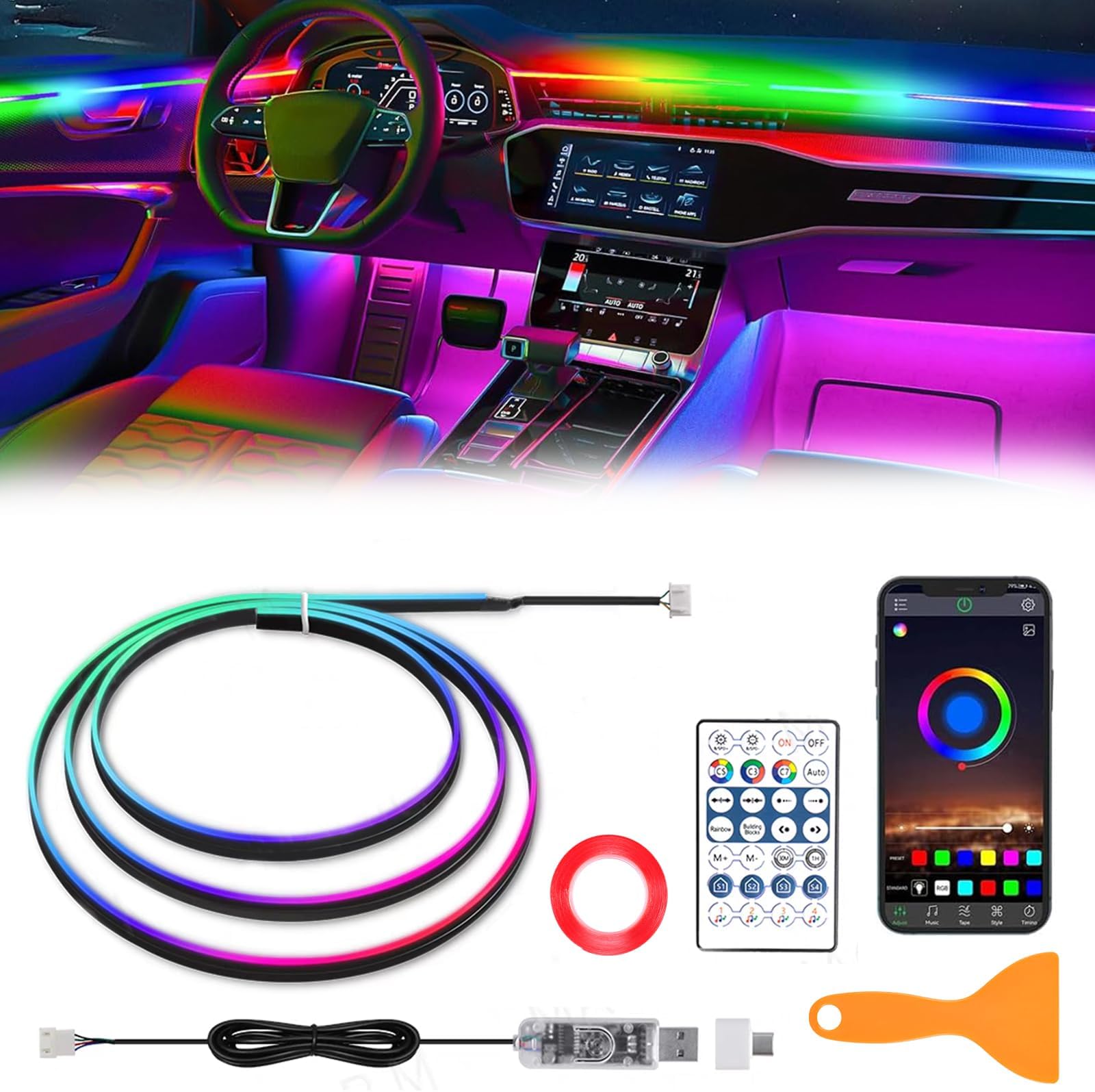 Éclairage Intérieur de Voiture, LED Éclairage d'ambiance Multicolore, Bande Lumineuse ...