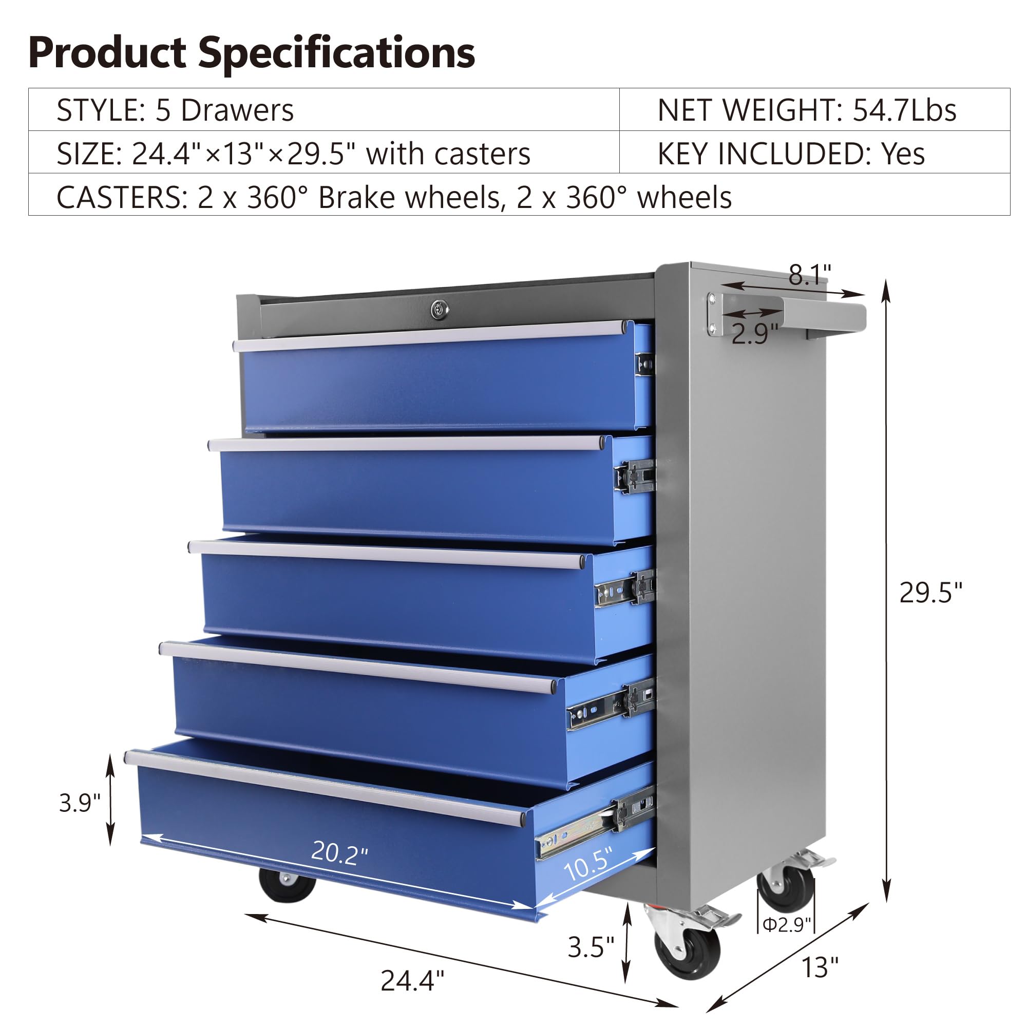 Rolling Tool Box 5 Drawers Tool Chest with Wheels and Drawers,Tool Cart ...