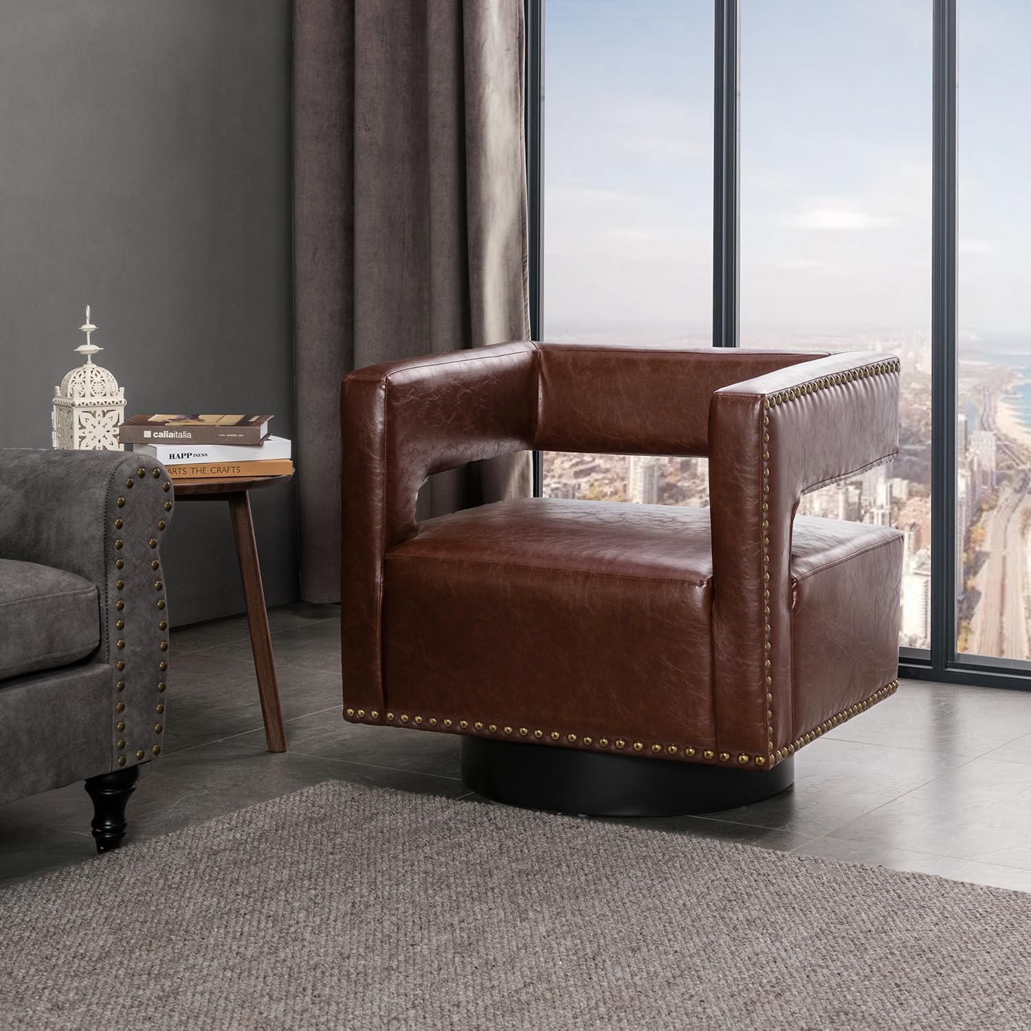HULALA HOME Swivel Accent Barrel Chair Modern Leather with 3D Open Back ...