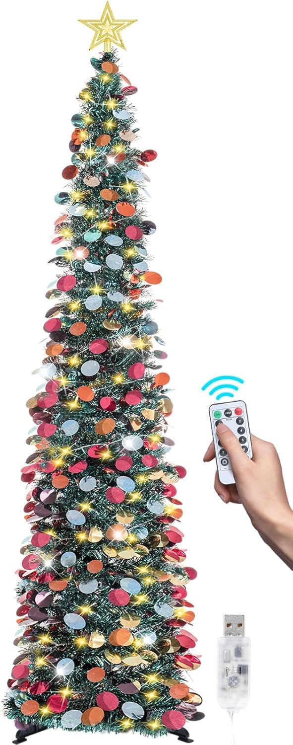 SINTENILL 6 FT Pop Up Christmas Tree with 100 LED Timer Lights, Blue ...