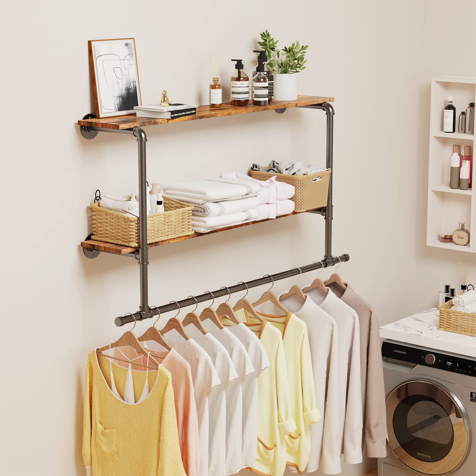 Wall Clothes Rack with Shelves: 46” Long Industrial Pipe Garment Rack ...