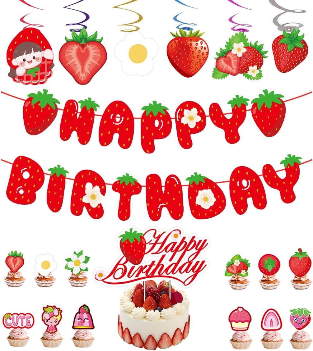 Amazon.com: DUXUANT 26 pcs Strawberry Cake Topper Birthday Set Happy ...