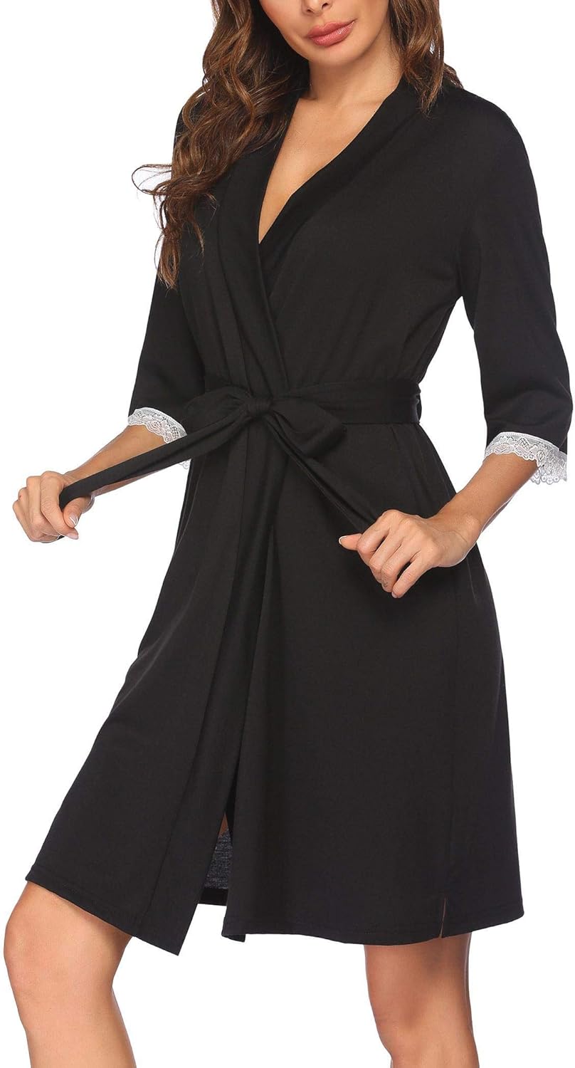 FINEJO Women's Kimono Robes Knit Bathrobe Lightweight Short Robe Soft ...