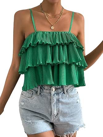 Floerns Women's Solid Spaghetti Strap Ruffle Trim Tiered Layer Crop ...